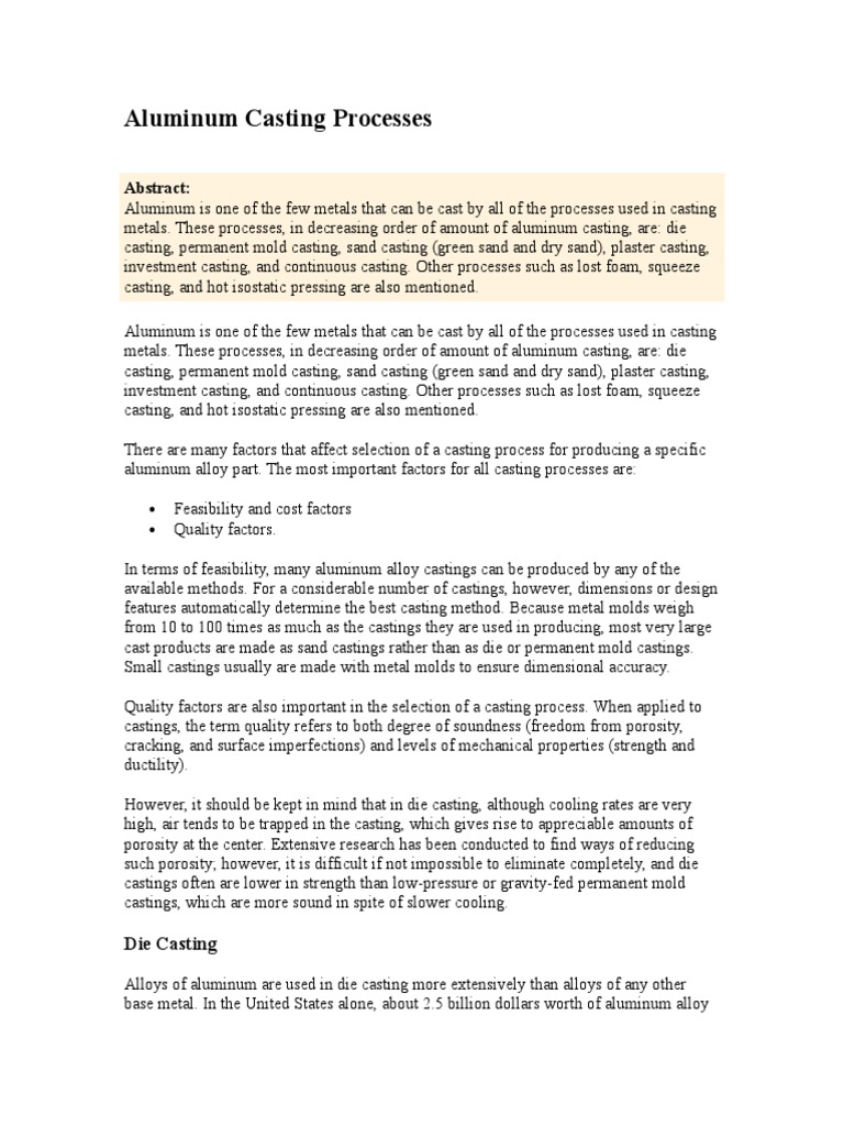 Aluminum Casting Processes. | PDF | Casting (Metalworking) | Foundry