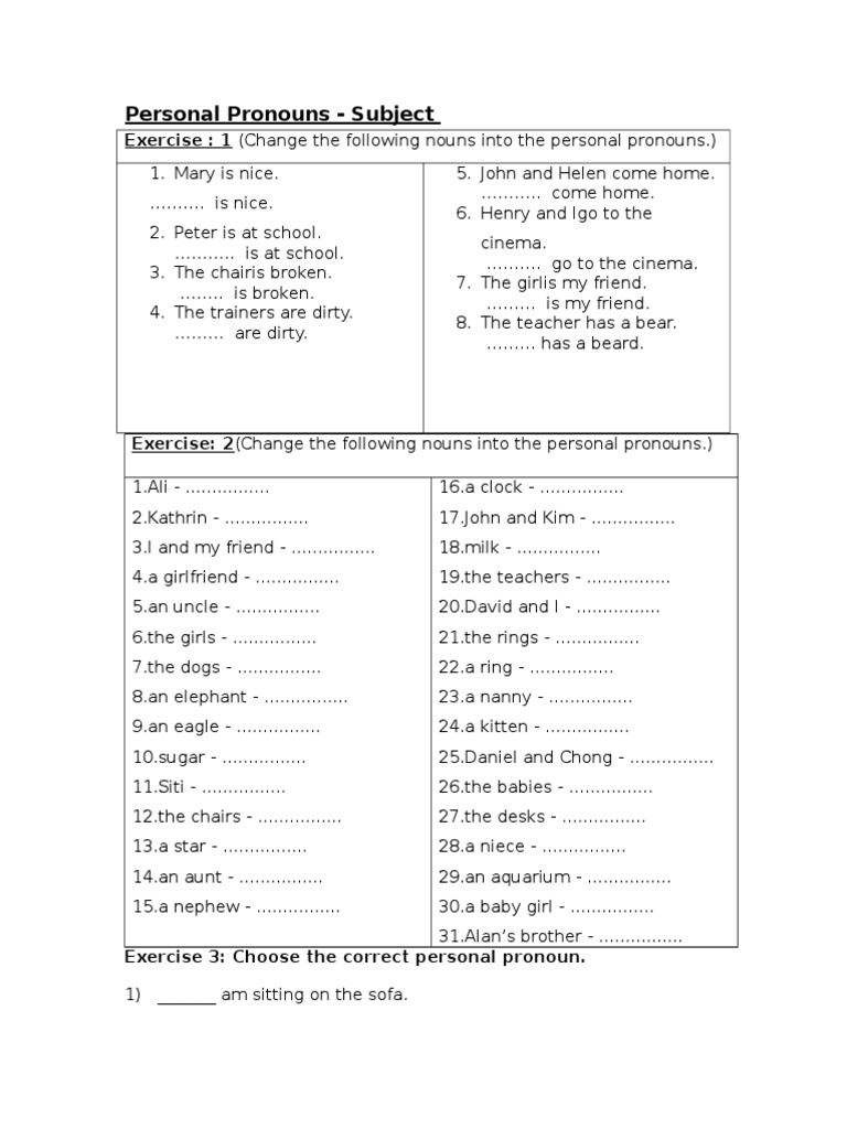 Personal Pronouns Worksheet Exercises | PDF | Leisure