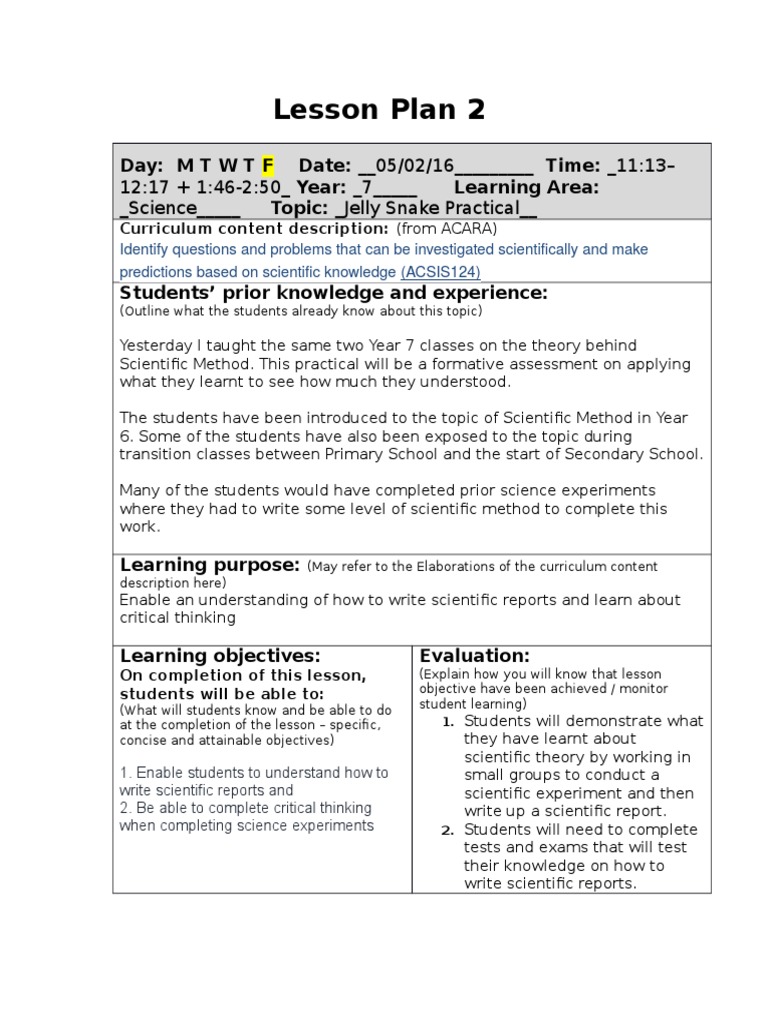 Lesson Plan 160205 Jelly Snake Practical | PDF | Lesson Plan | Science