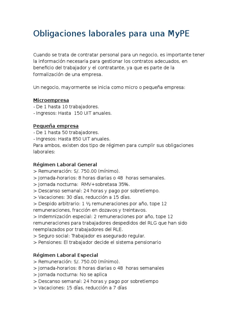 Obligaciones Laborales para Una MyPE | PDF | Salario | Derecho laboral