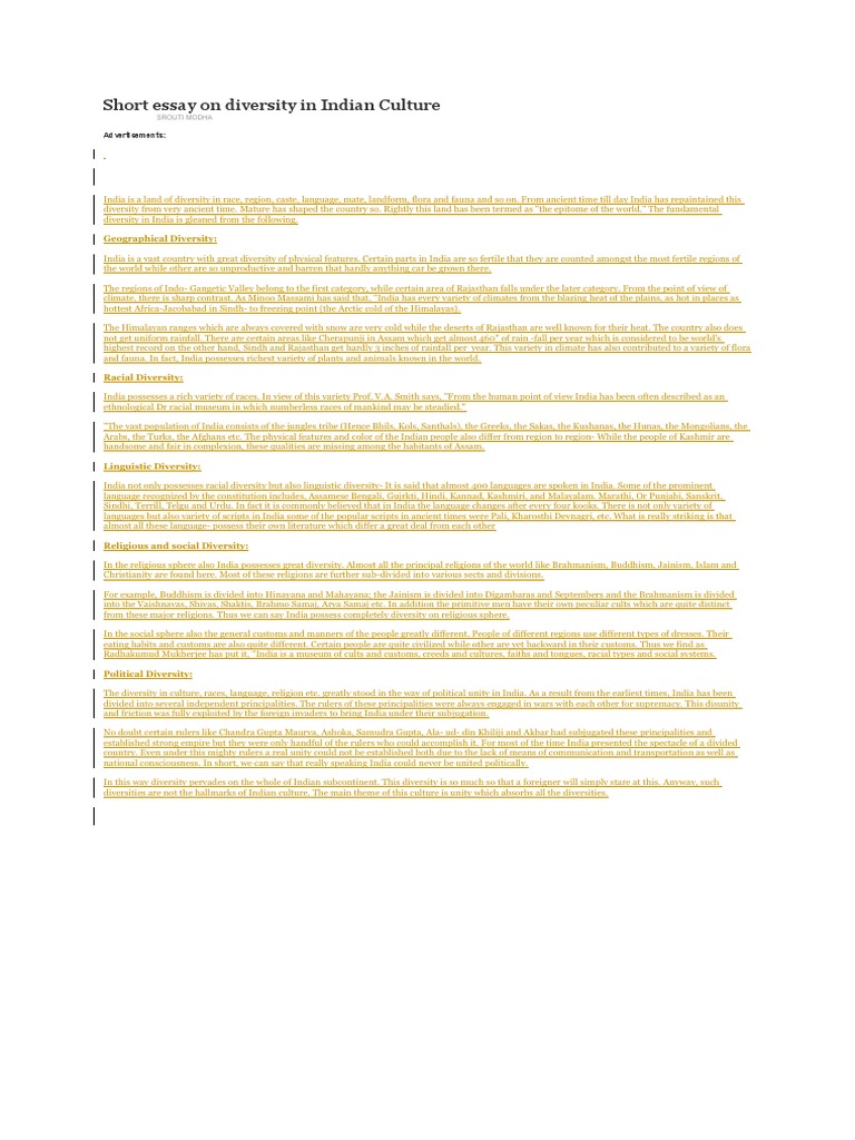Short Essay On Diversity in Indian Culture | PDF | Indian Philosophy ...