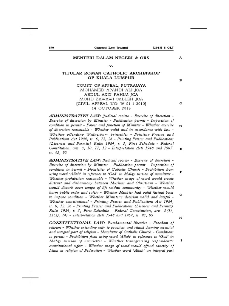 Titular Roman Catholic Archbishop of Kuala Lumpur LWN Menteri Dalam ...