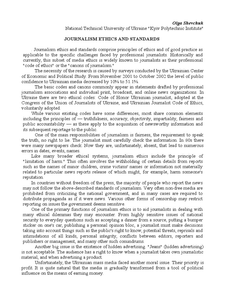Journalism Ethics and Standards | PDF | Journalism | Applied Ethics