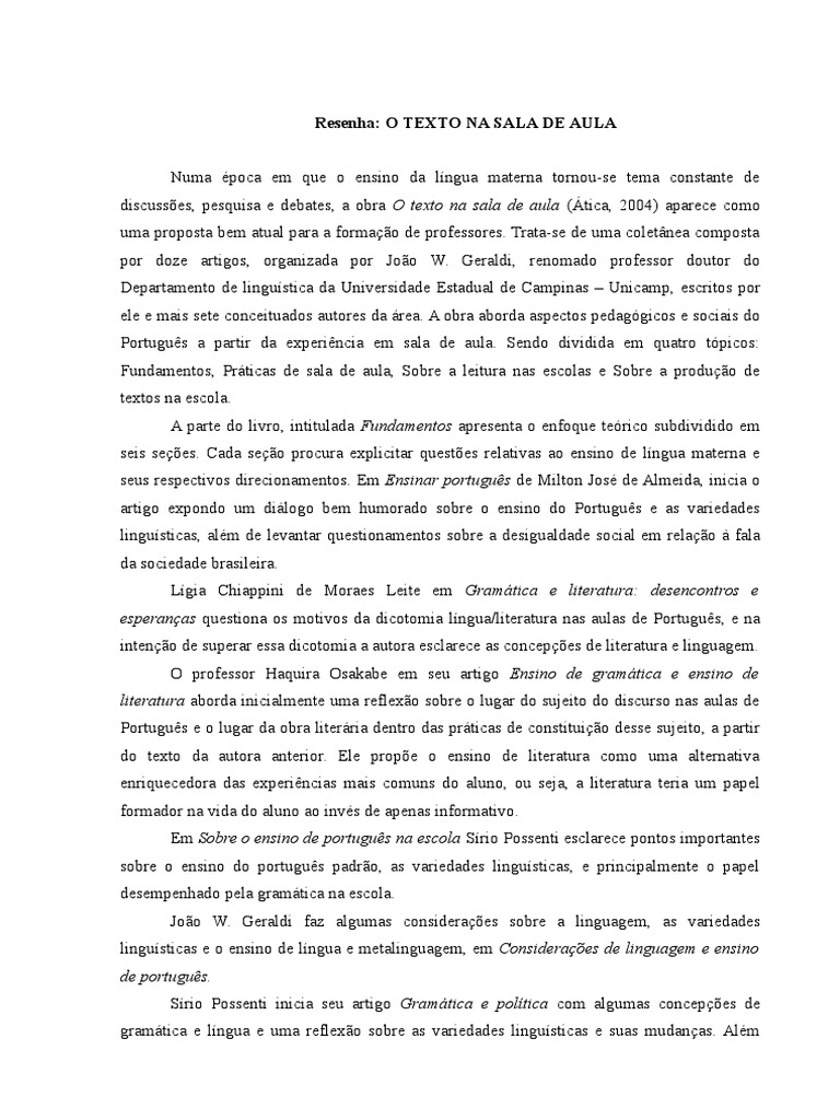 Resenha o Texto Na Sala de Aula | Língua Portuguesa | Gramática