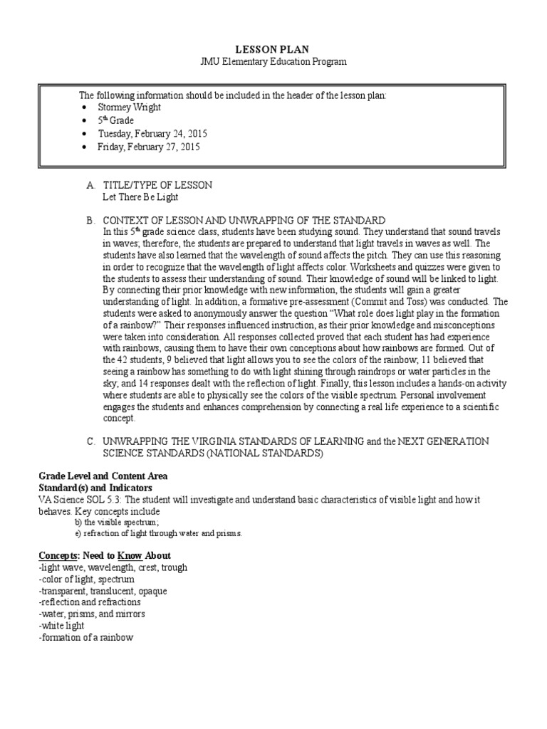 Science 5 3 Lesson Plan Reflection | PDF | Rainbow | Light