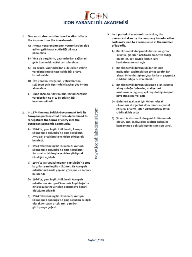 Ingilizce Turkce Ceviri Sorulari | PDF