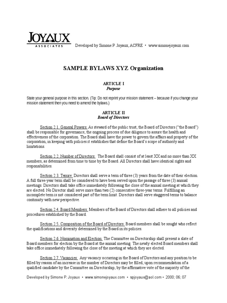 Sample Bylaws | PDF | Quorum | Board Of Directors
