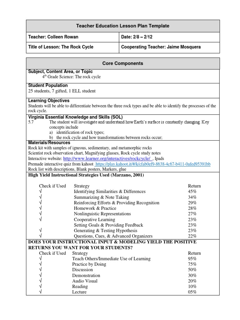 Rock Cycle Lesson Plan | PDF | Rock (Geology) | Lesson Plan