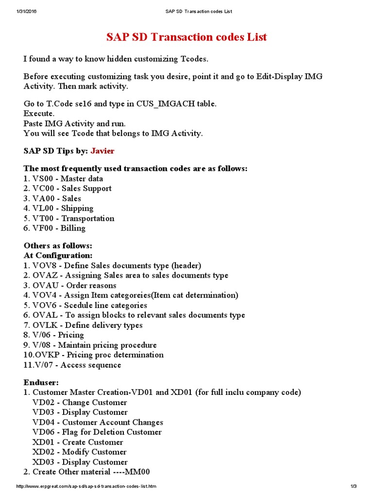 SAP SD Transaction Codes List | PDF | Invoice | Sap Se