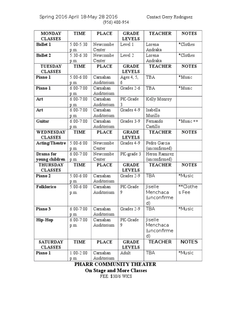 Youth Arts Classes Schedule | PDF