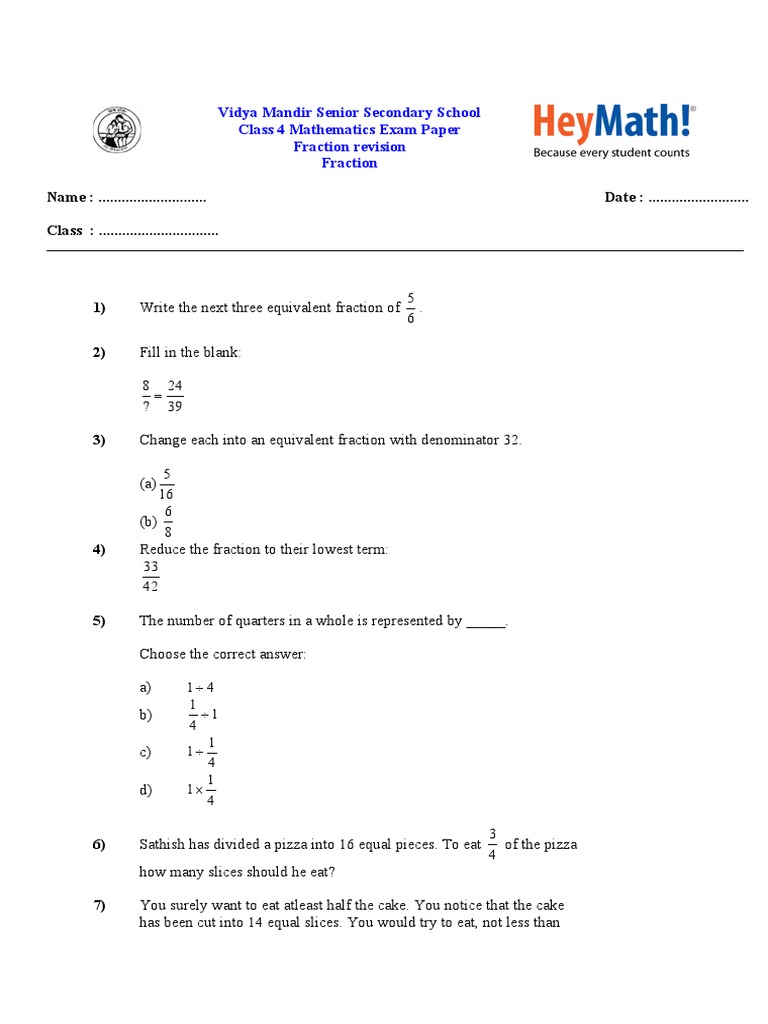 Vidya Mandir Senior Secondary School Class 4 Mathematics Exam Paper ...
