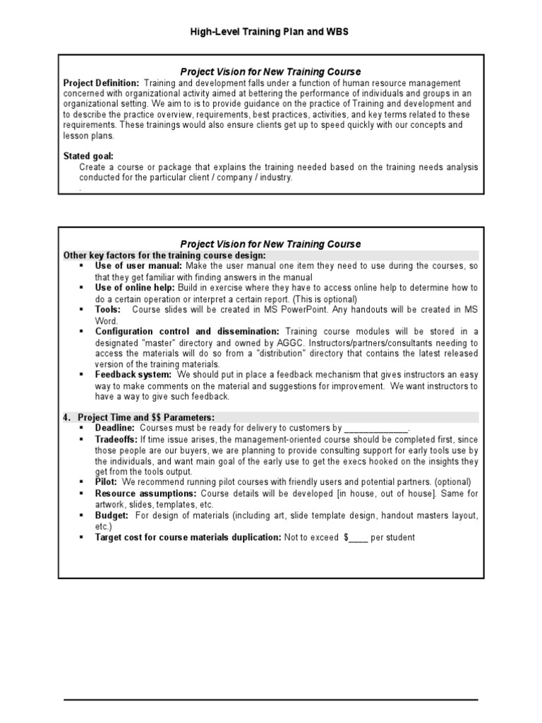 Project Vision For New Training Course: High-Level Training Plan and ...