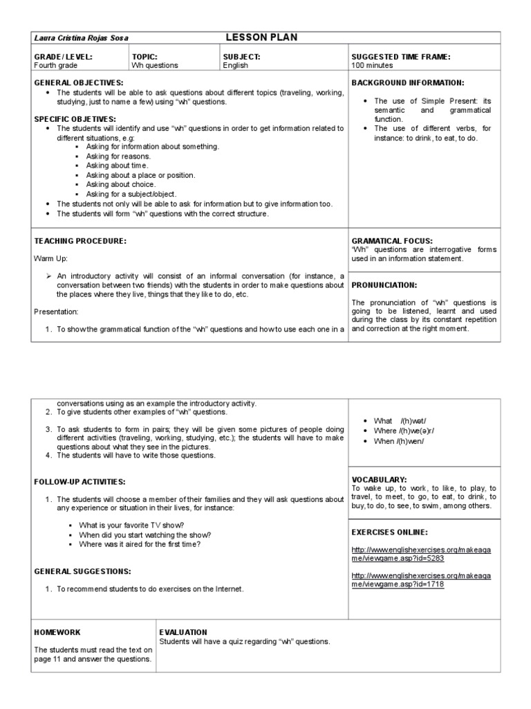 LESSON PLAN Wh Questions | Question | Lesson Plan