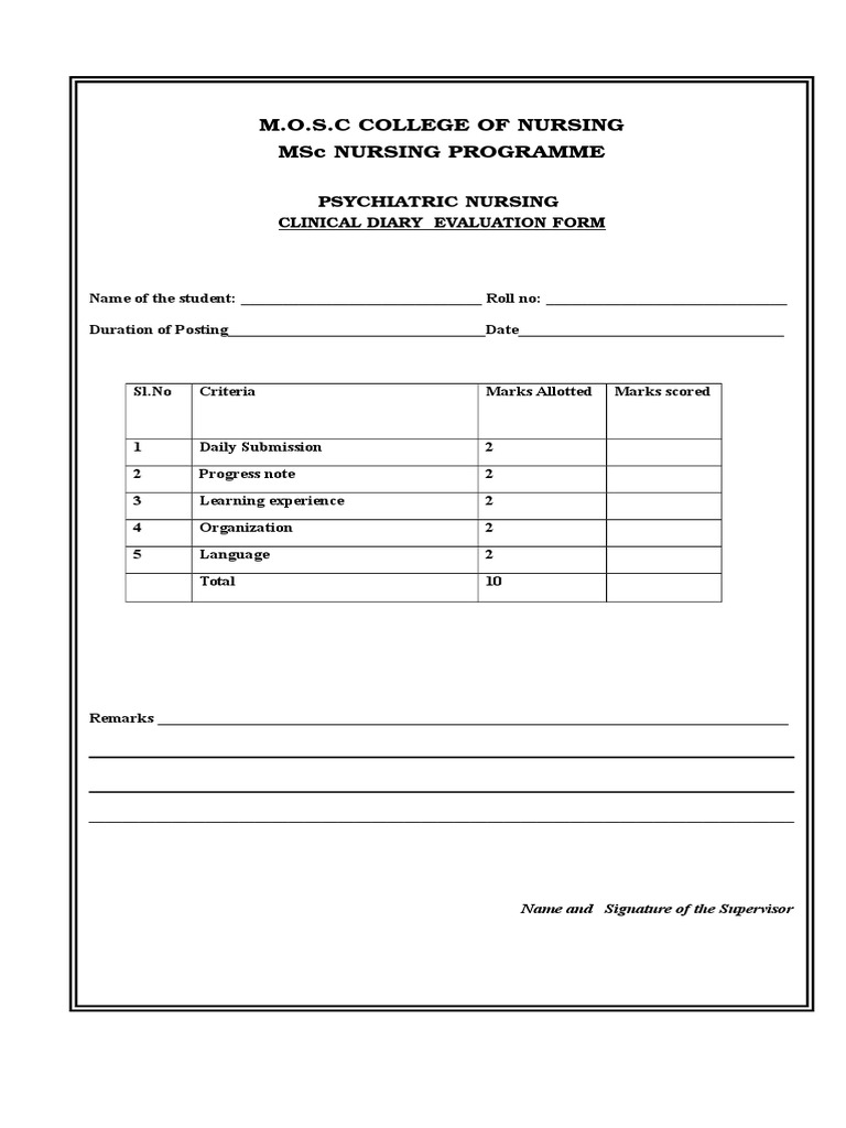 Clinical Diary Evaluation for Nursing Students | PDF | Psychiatric And ...