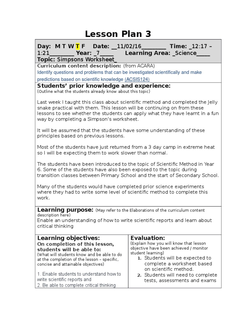 Lesson Plan 160211 Simpsons Worksheet | PDF | Scientific Method | Science