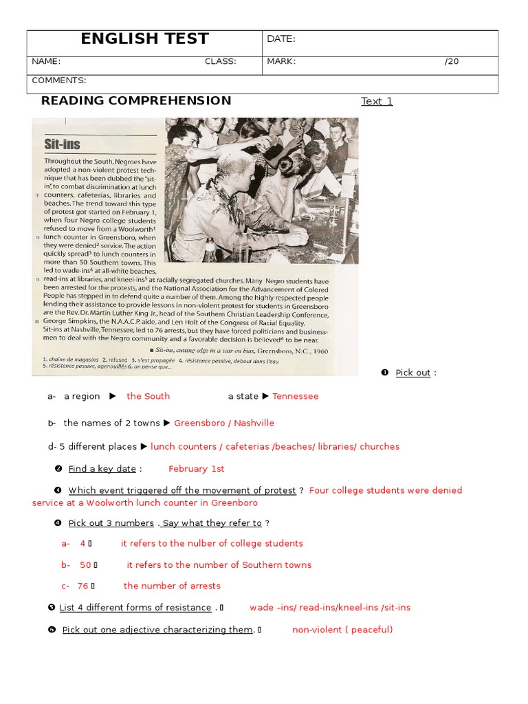 READING TEST N°1.doc Teacher | PDF | Rosa Parks | Nonviolence