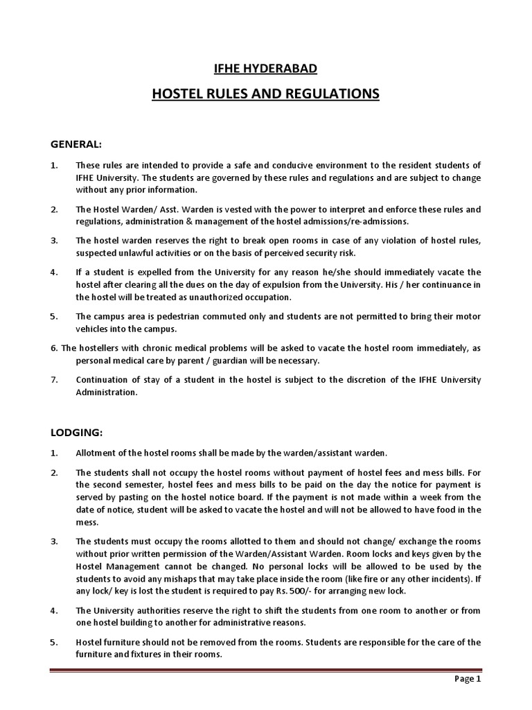 IFHE Hyderabad Hostel Rules & Regulations | PDF | Hostel | Identity ...