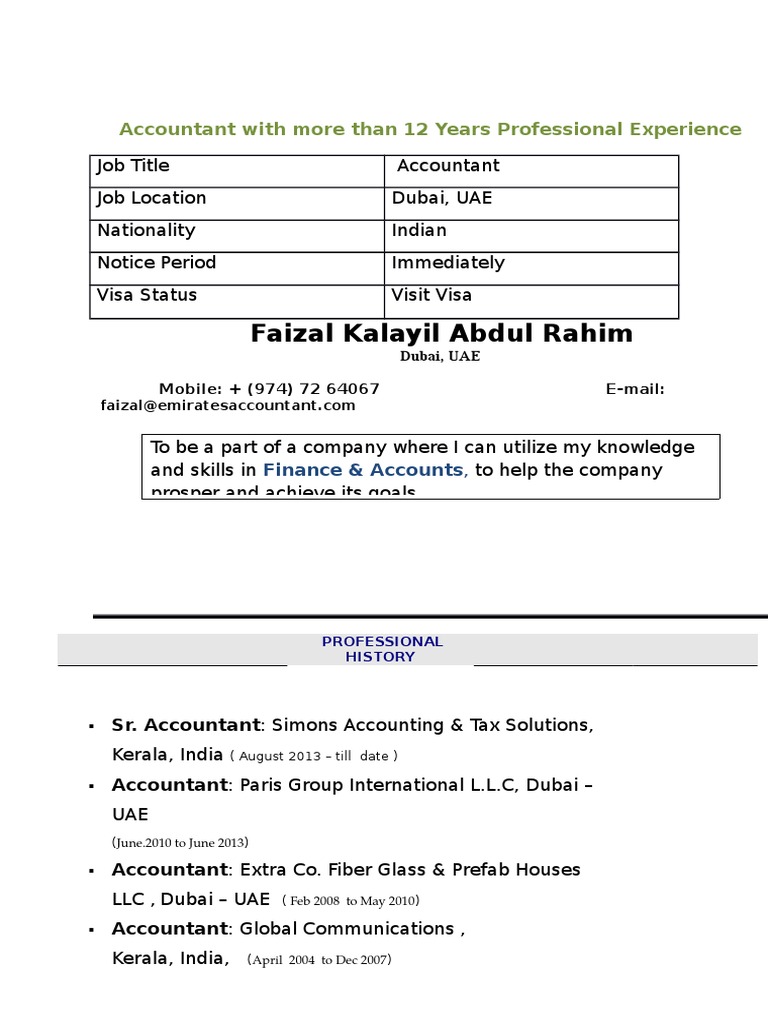 Faizal Kalayil Abdul Rahim: Accountant With More Than 12 Years Professional Experience | PDF ...