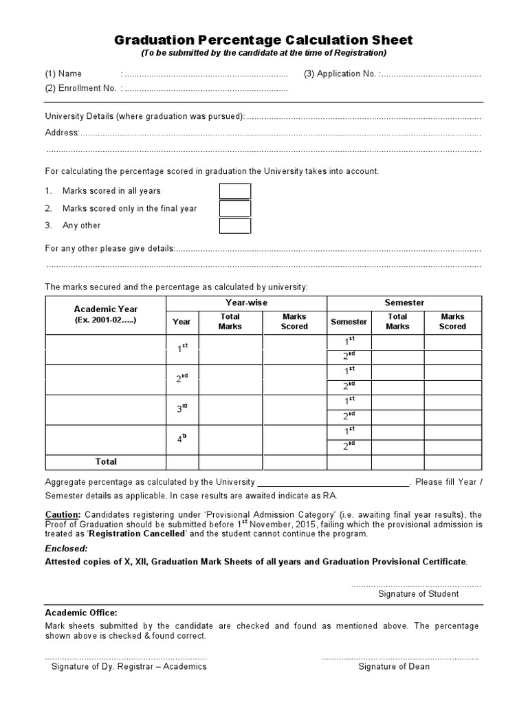 Graduation Percentage Calculation Sheet: (To Be Submitted by The ...