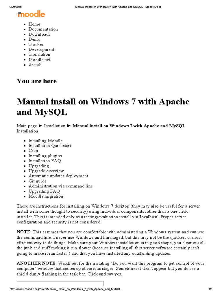 Manual Install On Windows 7 With Apache and MySQL - MoodleDocs PDF | PDF | Apache Http Server | Php