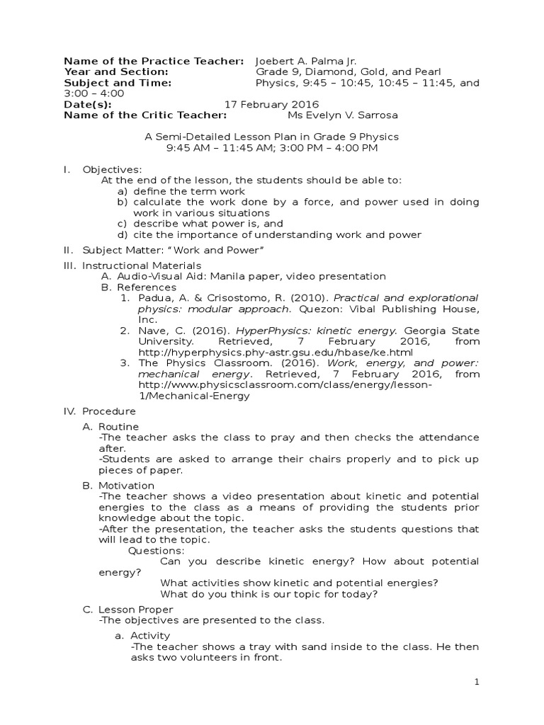 Mechanical Energy Forms and Transformations Semi Detailed Lesson Plan ...