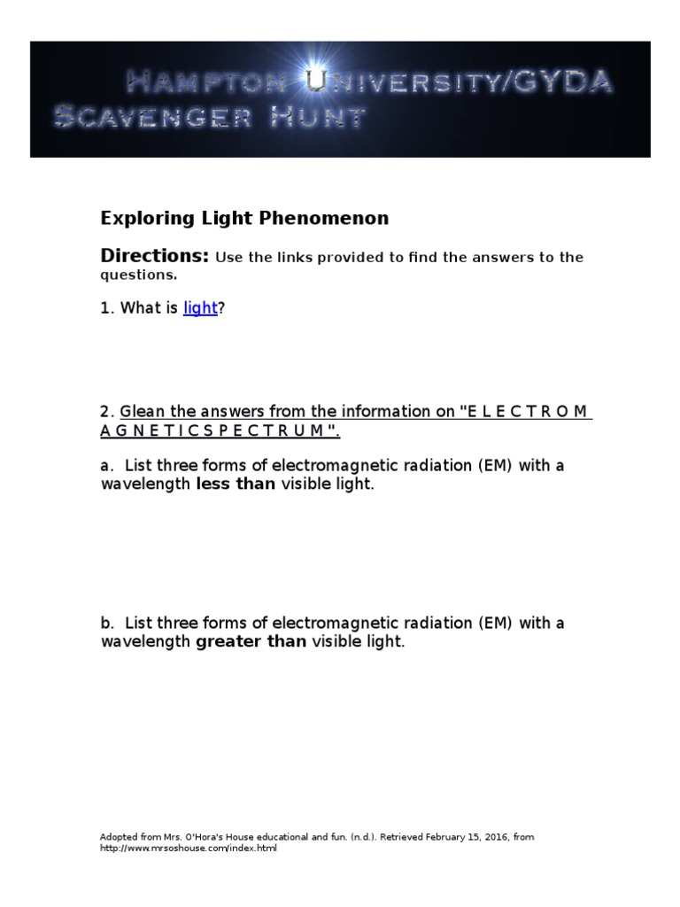Scavenger Hunt: Electromagnetic Spectrum | PDF