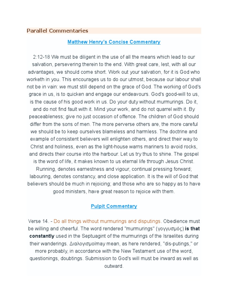 Parallel Commentaries on Philippians 2:12-16 | PDF | Gospel Of Matthew | Jesus