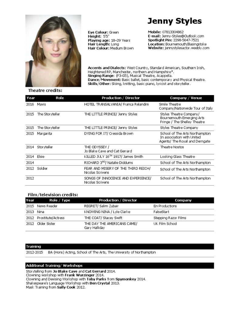 Jenny Styles - Theatre & Film Resume | PDF | Art