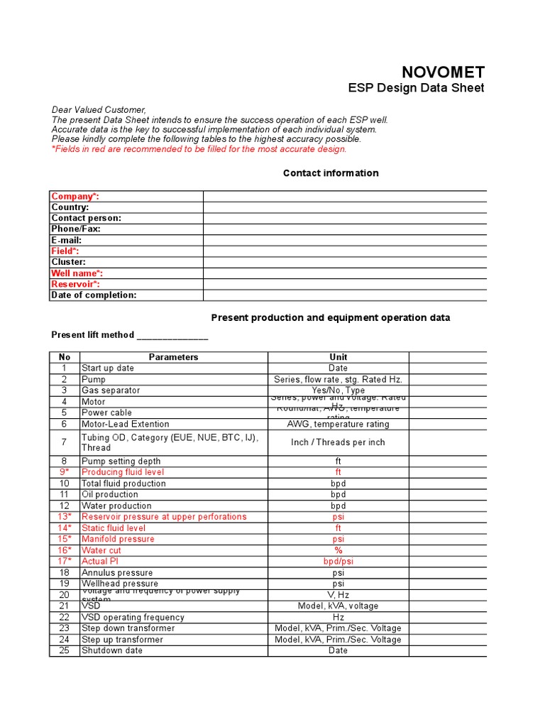 Esp Design Data Sheet | PDF | Barrel (Unit) | Petroleum Reservoir