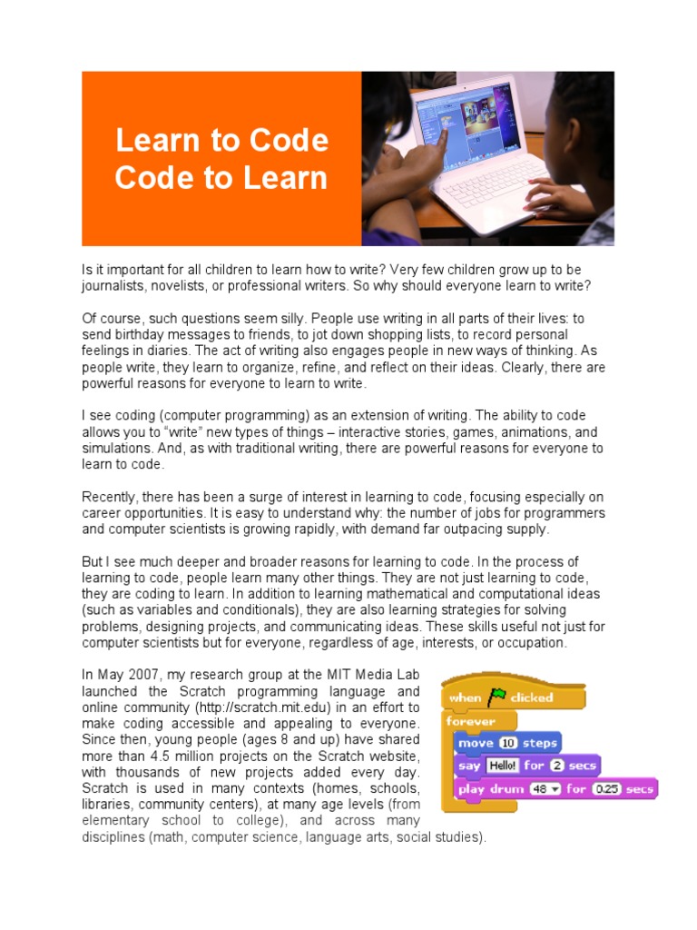 Learn To Code, Code To Learn - Mitchel Resnick | PDF | Scratch ...