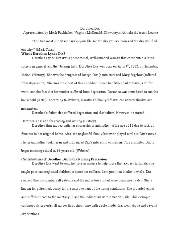 Dorothea Dix Full Presentation Text With References | PDF | Nursing ...