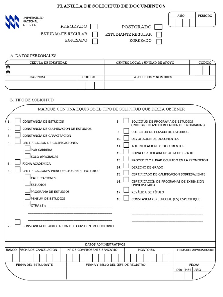 Planilla de Solicitud de Documentos | PDF