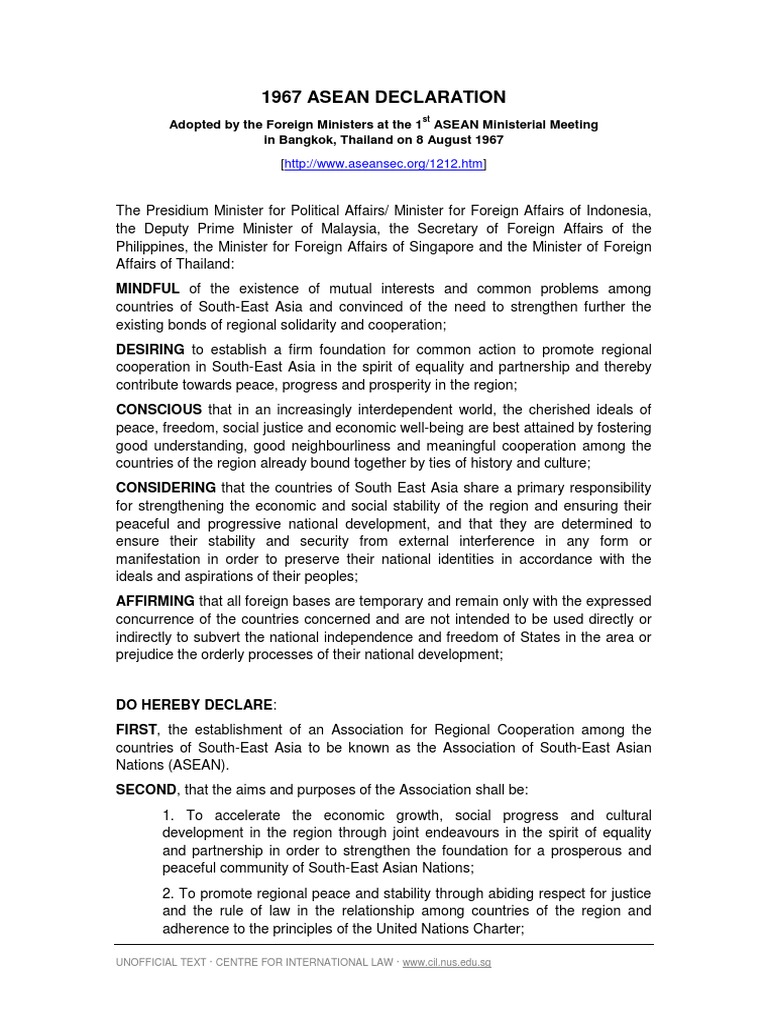 1967 ASEAN Declaration PDF | PDF | Association Of Southeast Asian ...