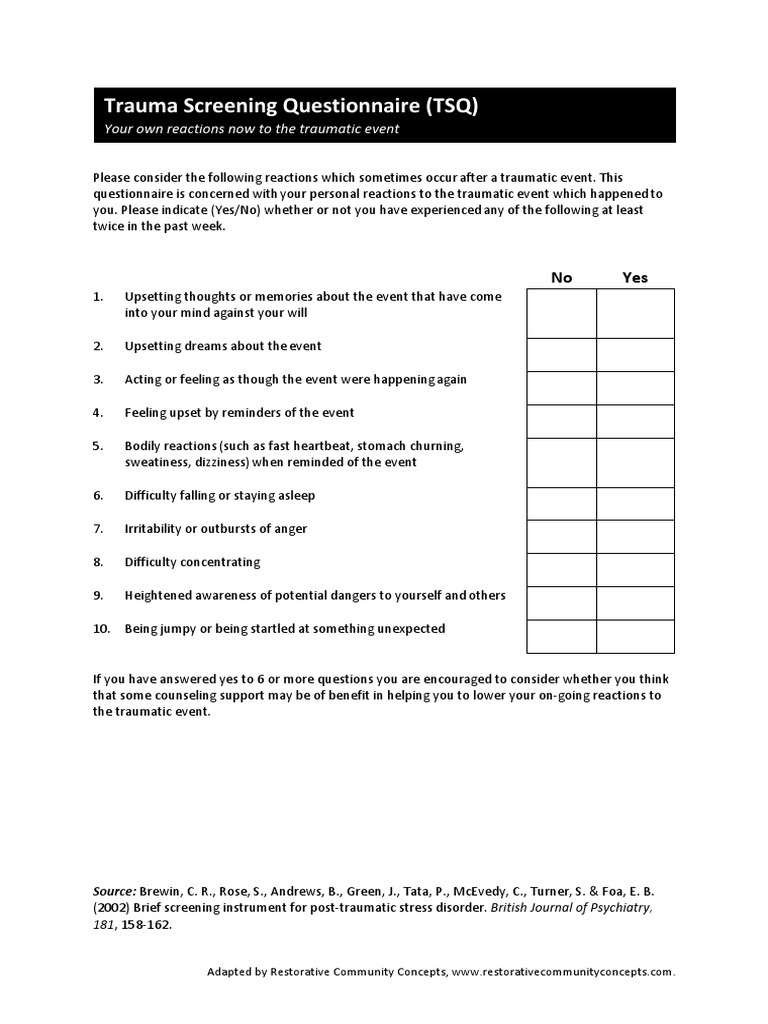 Trauma Screening Questionnaire (TSQ) : Your Own Reactions Now To The ...