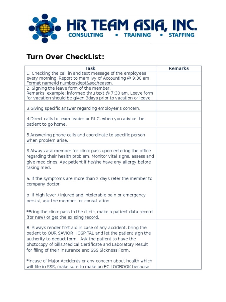 Turn Over CheckLisT | PDF | Patient | Medicine