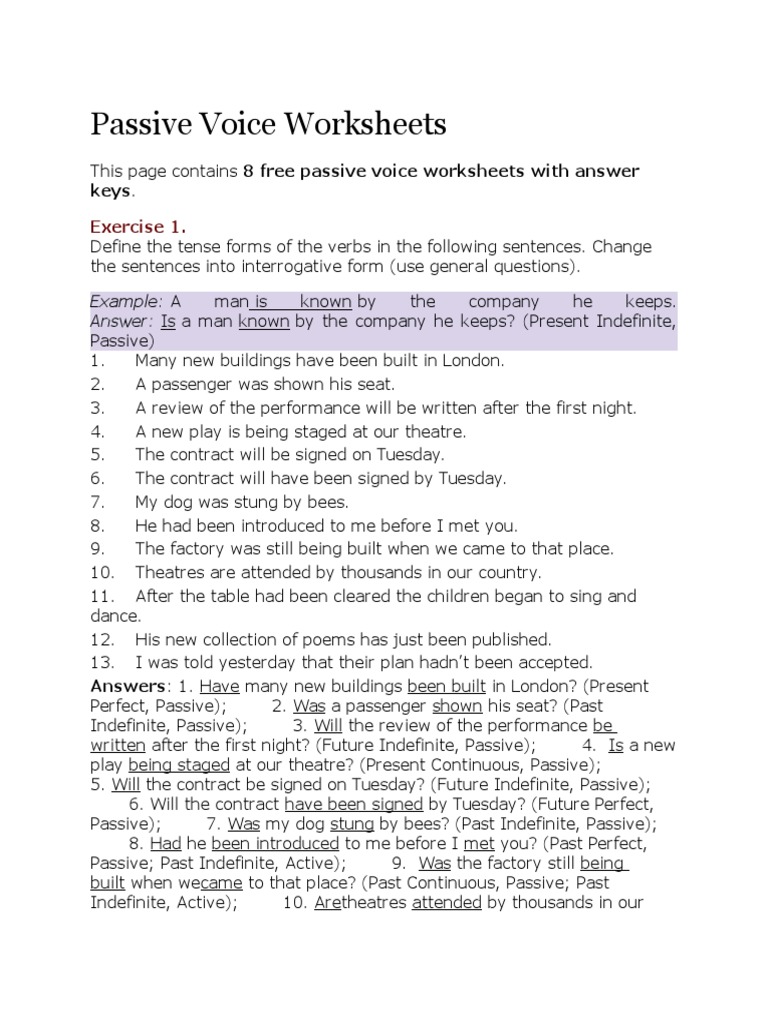 Passive Voice Worksheets | PDF | Perfect (Grammar) | Question