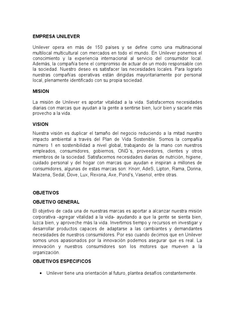 Misión y Productos de Unilever | PDF | Los consumidores | Calidad ...