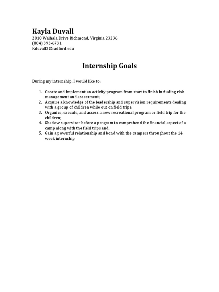Internship Goals for Recreation Program | PDF