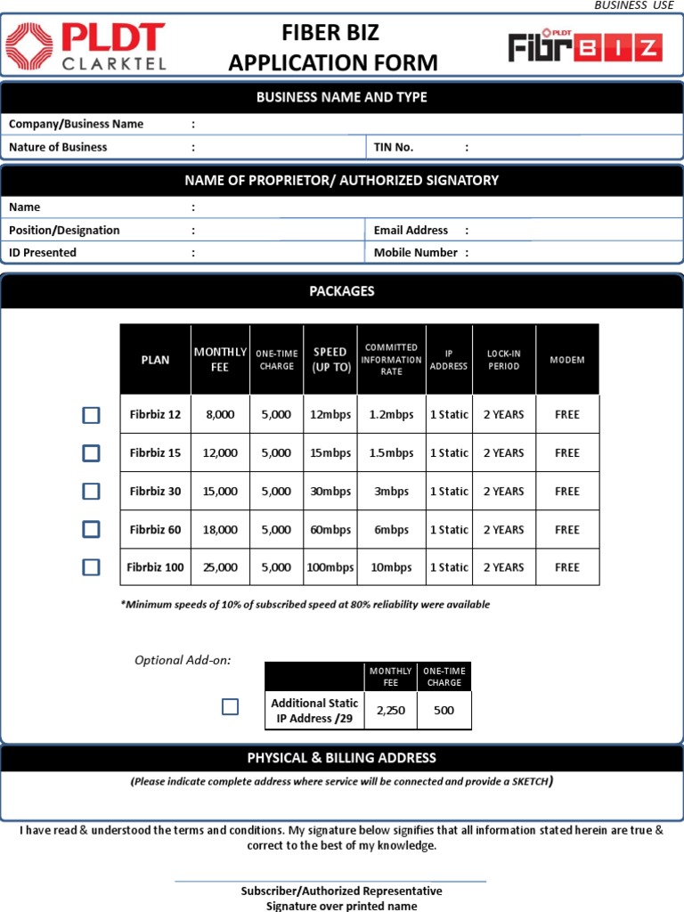 Fiber Biz Application Form PDF | PDF