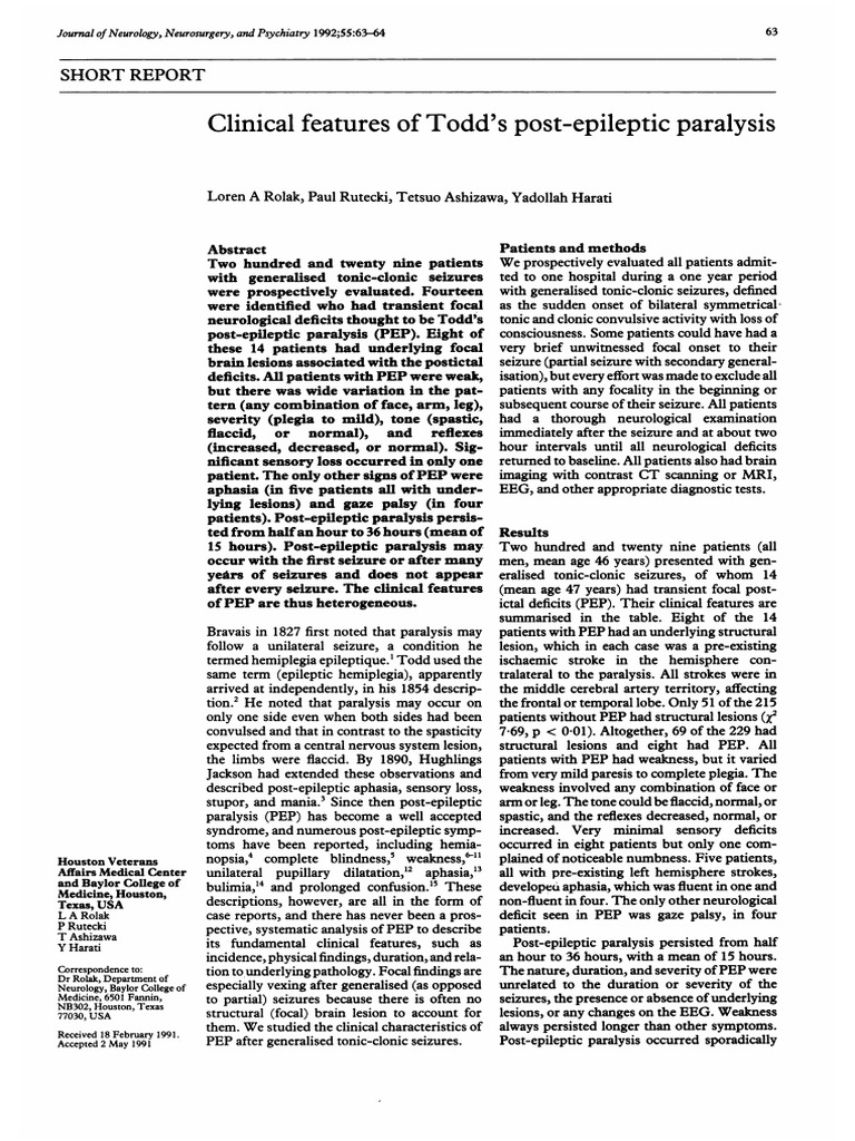 Clinical Features of Todd's Post-epileptic Paralysis | Epilepsy ...