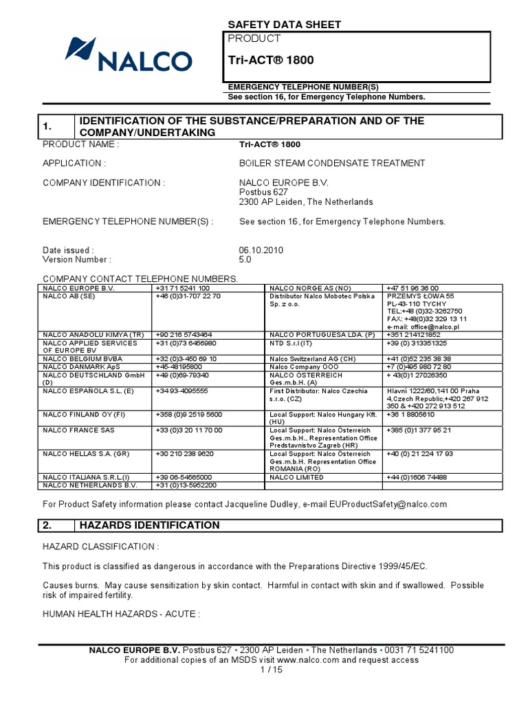 Nalco - 1800 - Corrosion Inhibitor | PDF | Dangerous Goods | Waste