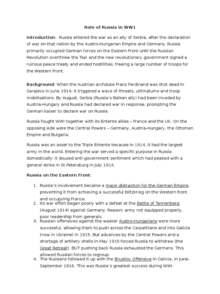 Role of Russia in WW1 | PDF | World War I | Russian Empire