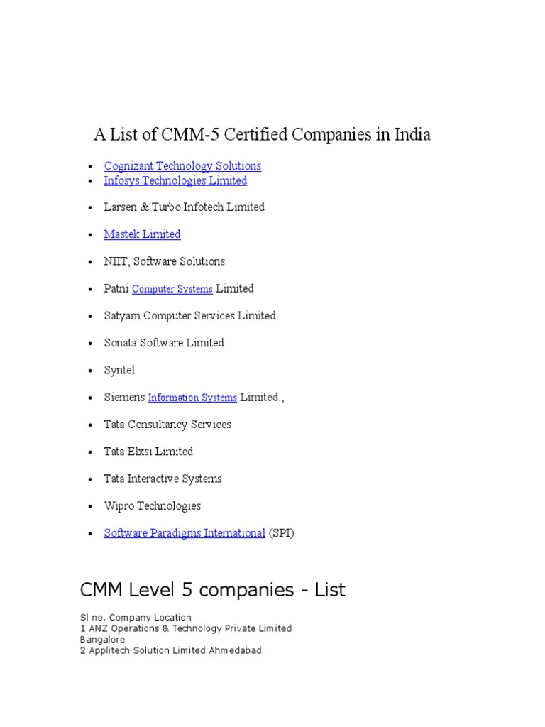 A List of CMM-5 Certified Companies in India: Cognizant Technology ...