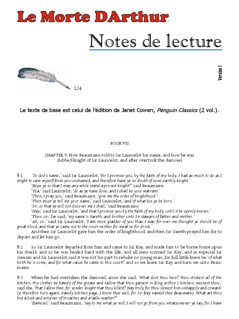 "Le Morte DArthur": Notes de Lecture Volet 124 | PDF | Chivalry | Holy ...