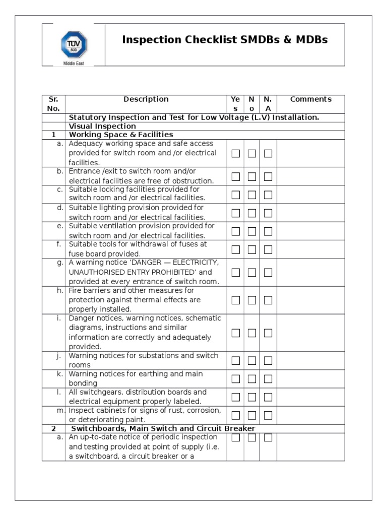 Inspection Checklist For SMDBs & MDBs | PDF | Fuse (Electrical) | Switch