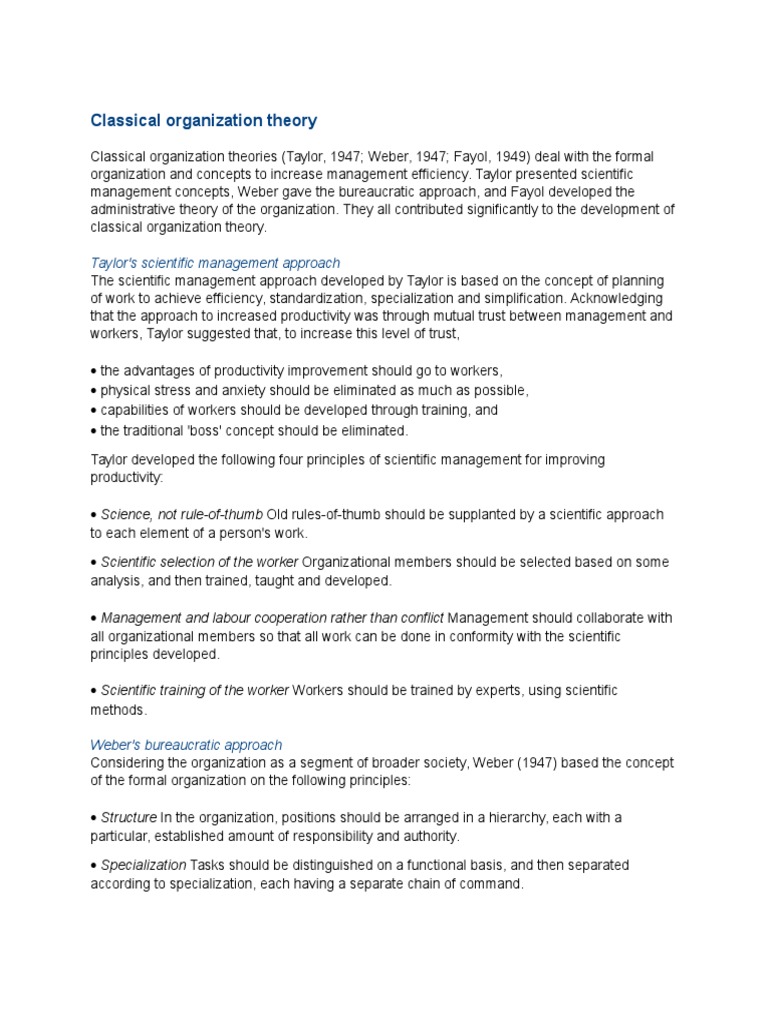 Classical Organizational Theory Overview | PDF | Goal Setting | Power ...