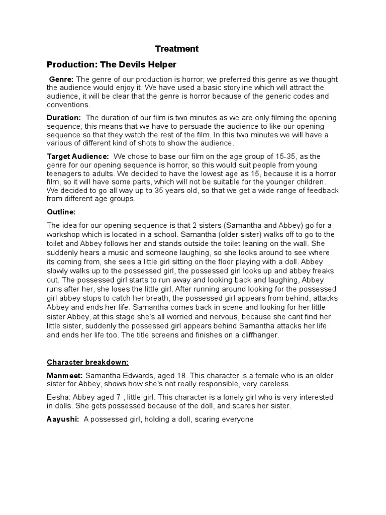 Treatment Production: The Devils Helper | Download Free PDF | Leisure