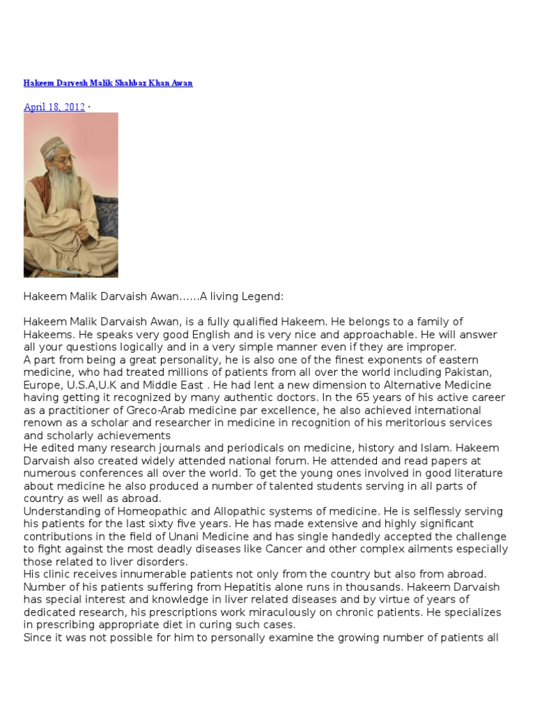 Hakeem Darvesh Malik: A Medical Legend | PDF | Alternative Medicine ...
