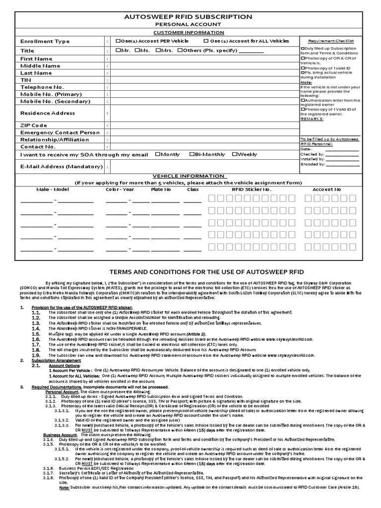 RFID Subscription Form PERSONAL | Toll Road | Radio Frequency ...