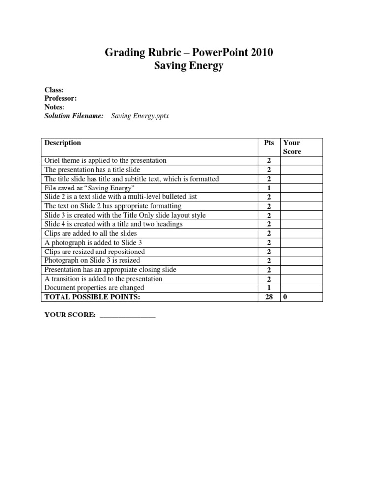 Rubric Saving Energy | PDF